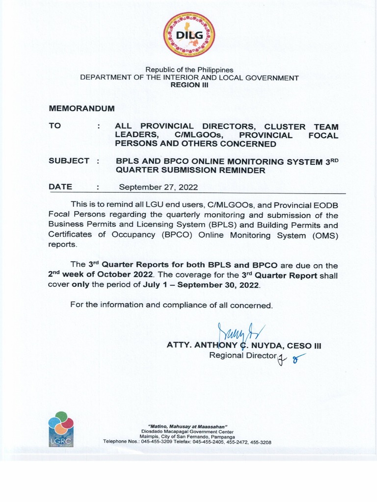 Memo Re BPLS and Bpco Online Monitoring System 3RD Quarter Submission ...