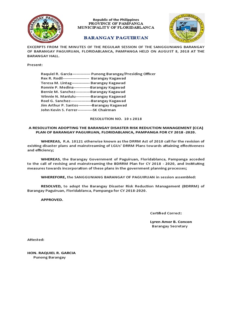 Res Adopting The Bdrrm Plan Budget 1 2018 Pdf