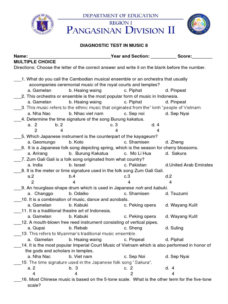 Division Diagnostic Test in Music 8 With Answer Key | PDF | Performing Arts