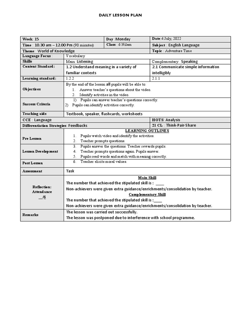 Daily Lesson Plan | PDF | Teachers | Lesson Plan
