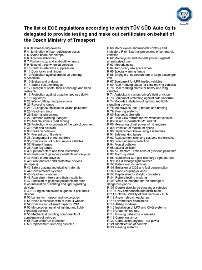 Ece - Regulations List by TUV | PDF | Vehicles | Automotive Technologies