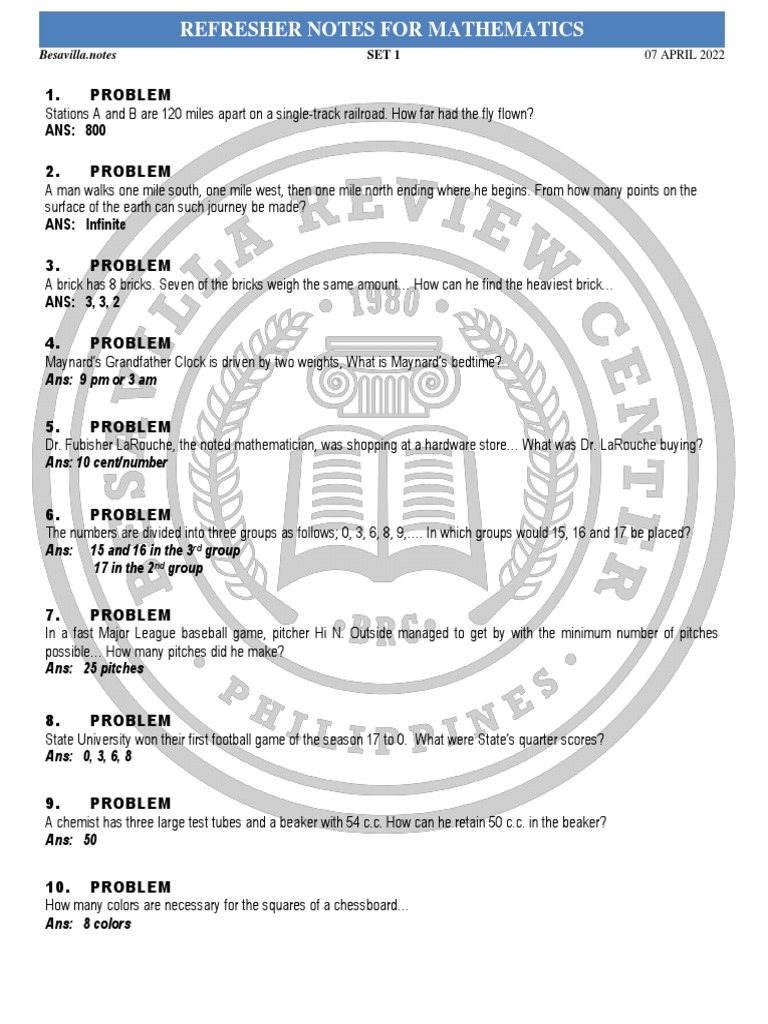 Refresher Notes For Mathematics - 07 April 2022 | PDF