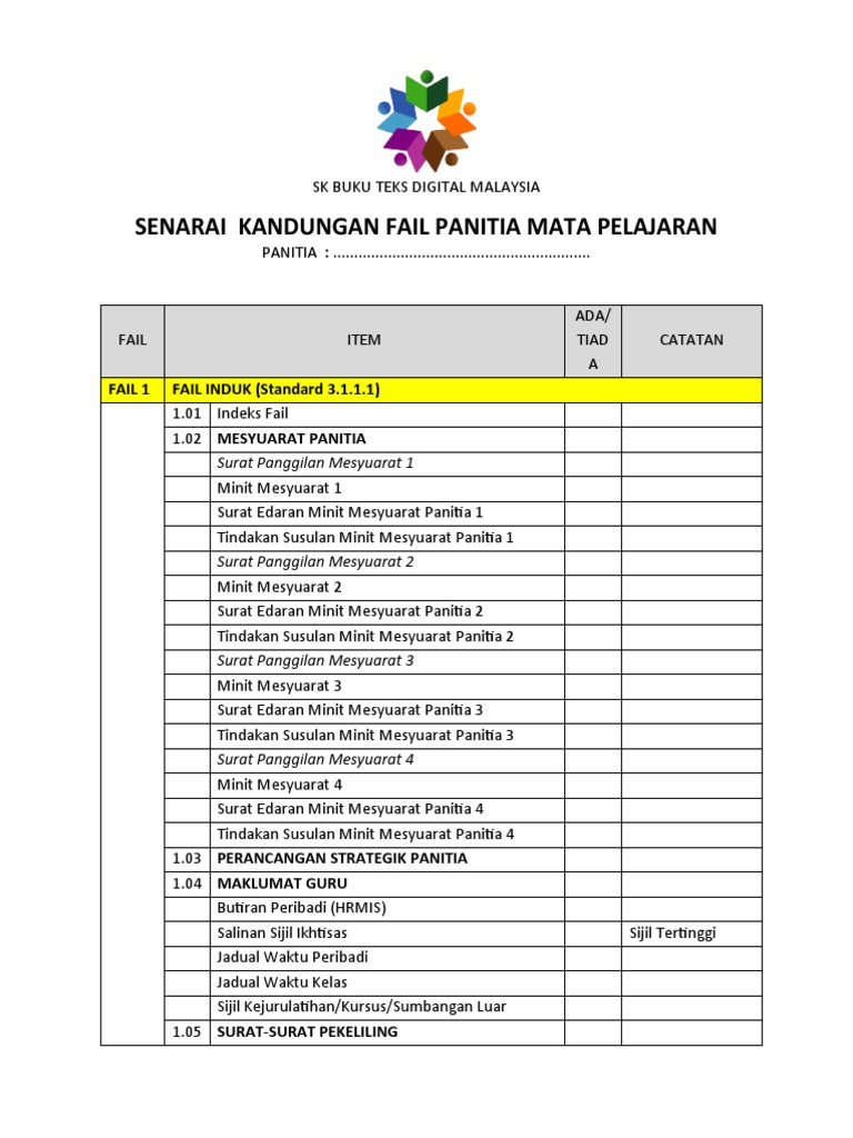 Senarai Semak Kandungan Fail Panitia Terkini | PDF