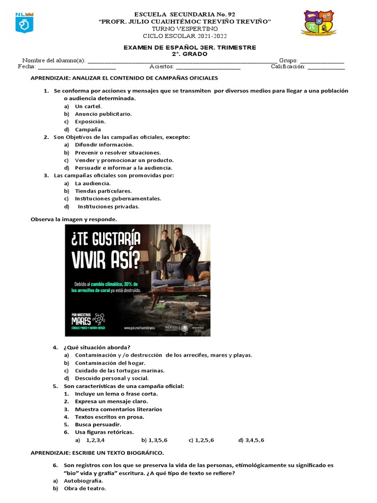 Examen Español 2° Trimestre Iii | PDF