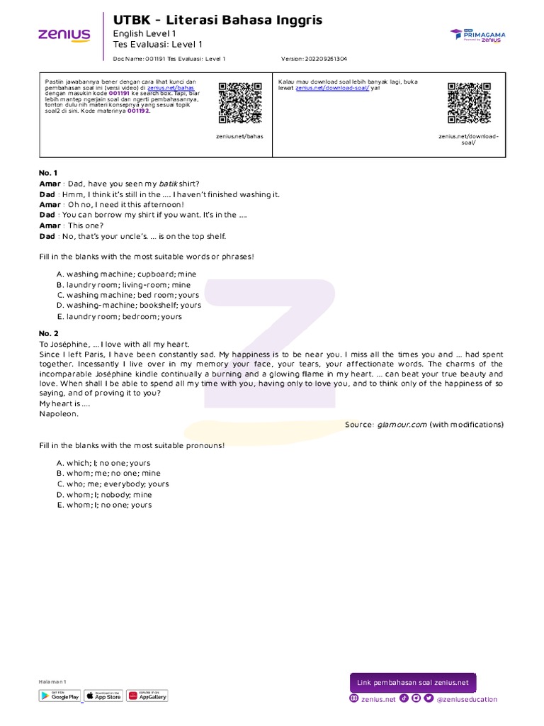 English Level 1 Evaluation Quiz | PDF