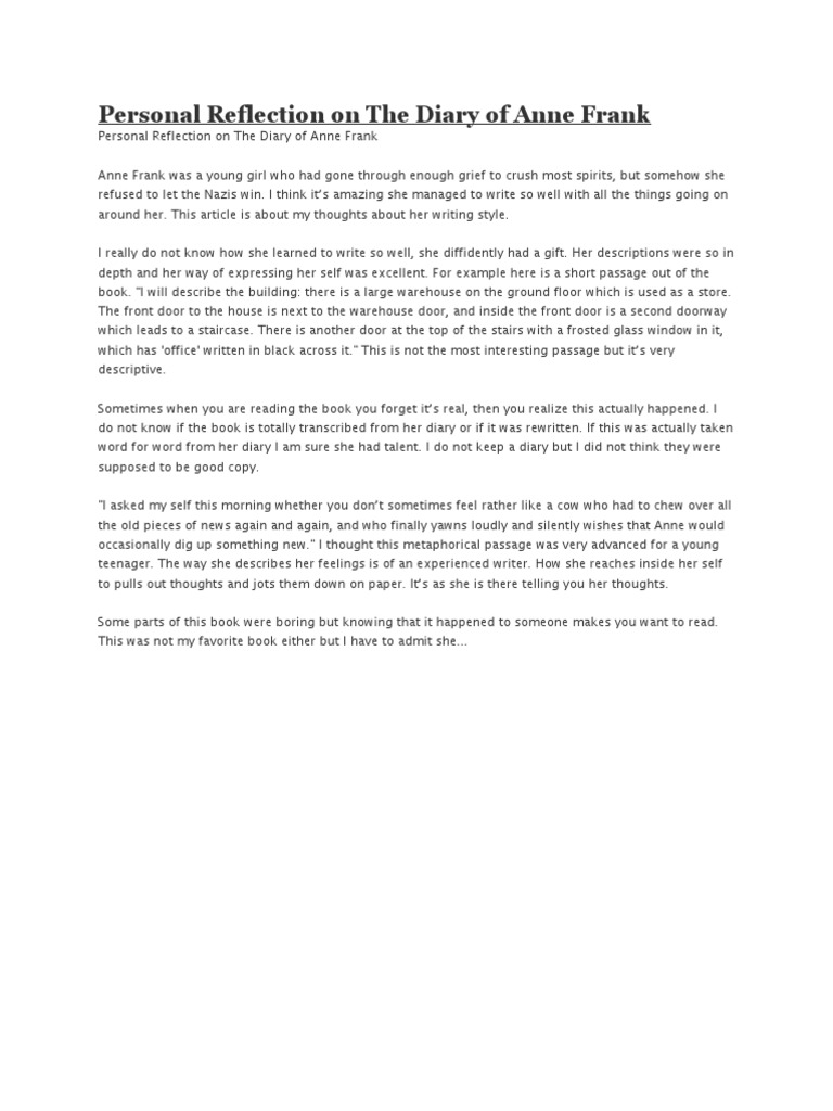 Personal Reflection on The Diary of Anne Frank | PDF