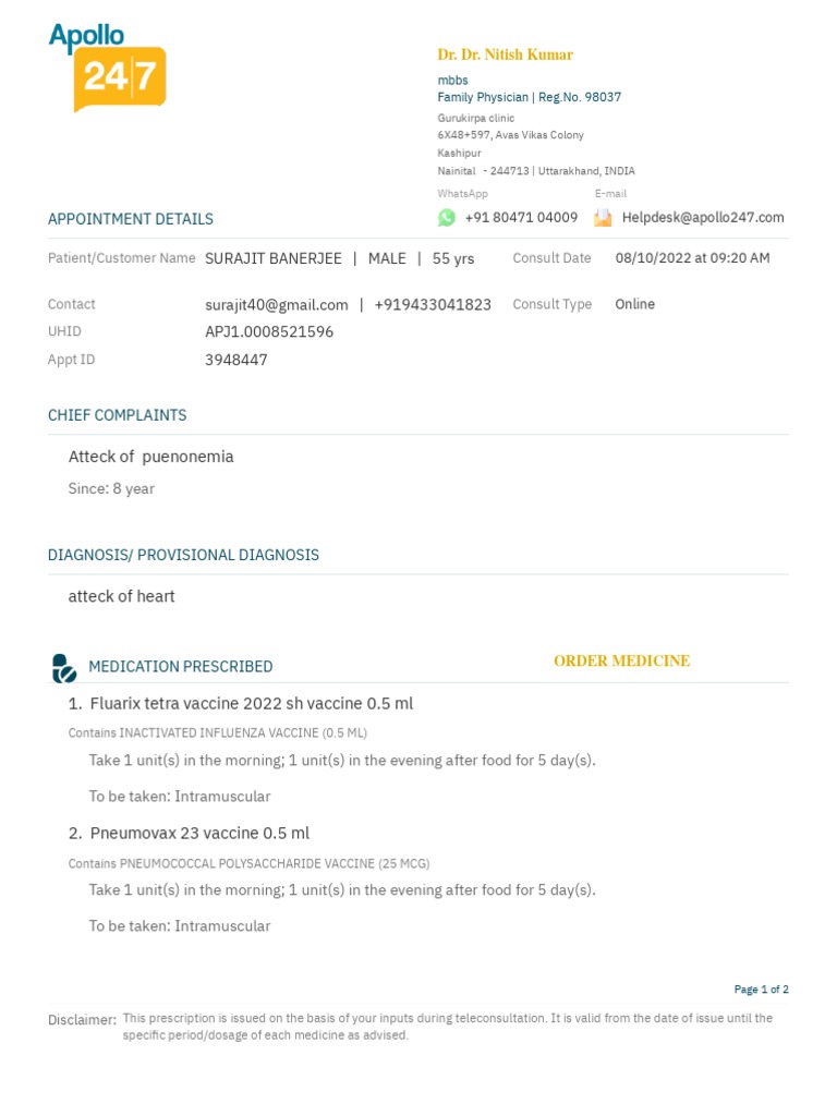 Apollo Prescription Flu Vaccine | PDF | Medical Prescription ...