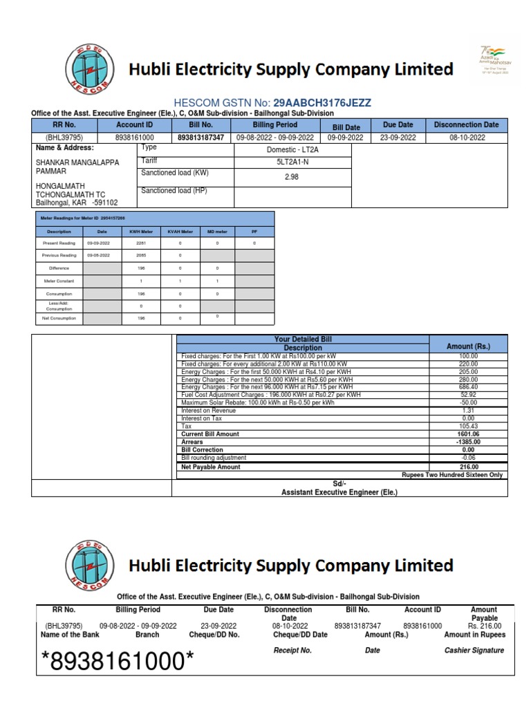 Hescom GSTN No: 29Aabch3176Jezz: Meter Readings For Meter ID 2954157266 ...