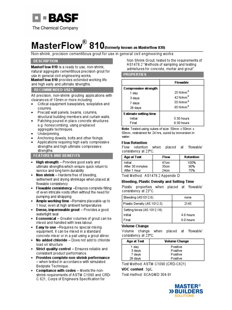 MasterFlow810 TDS | PDF | Concrete | Density