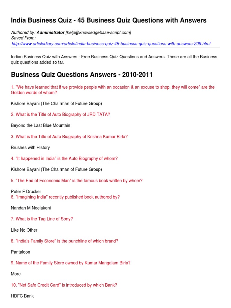India Business Quiz - 45 Business Quiz Questions With Answers | PDF ...