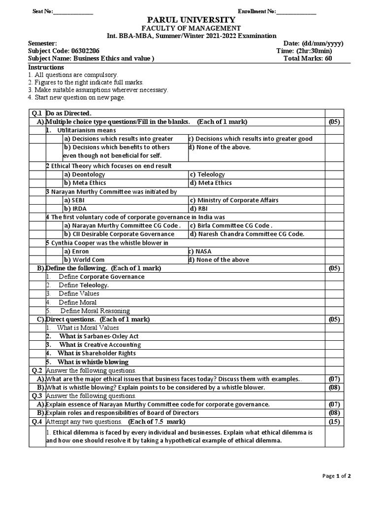 218 Question Paper Format | PDF | Integrity | Social Institutions