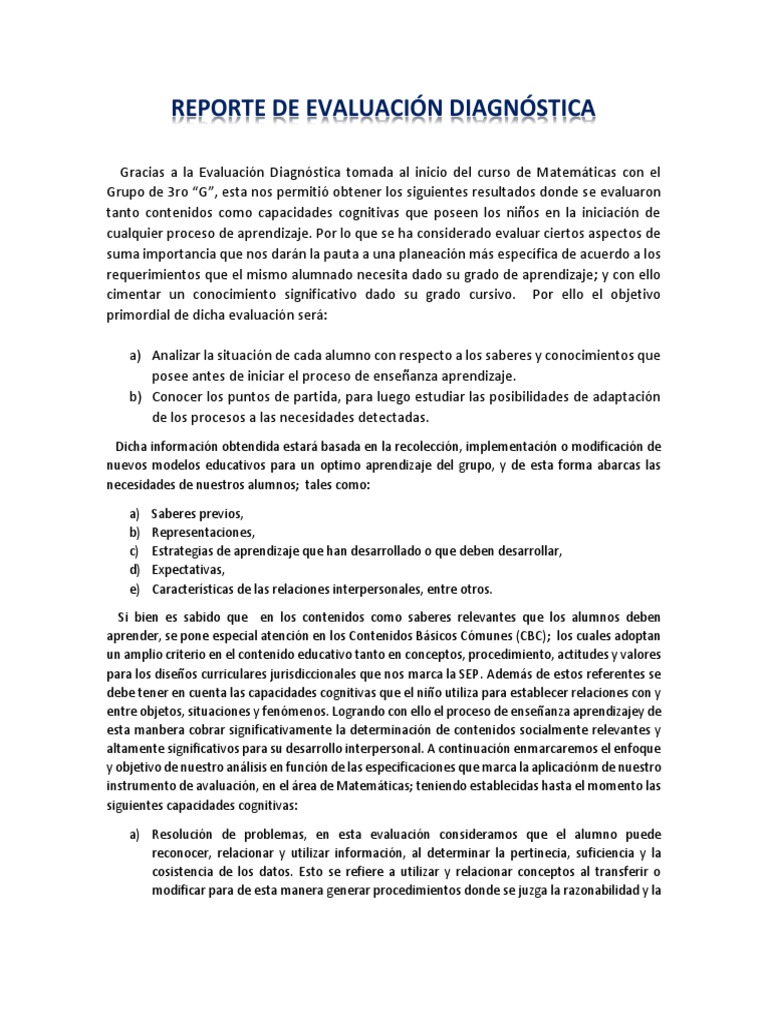 Reporte de Evaluación Diagnóstica | PDF | Evaluación | Aprendizaje