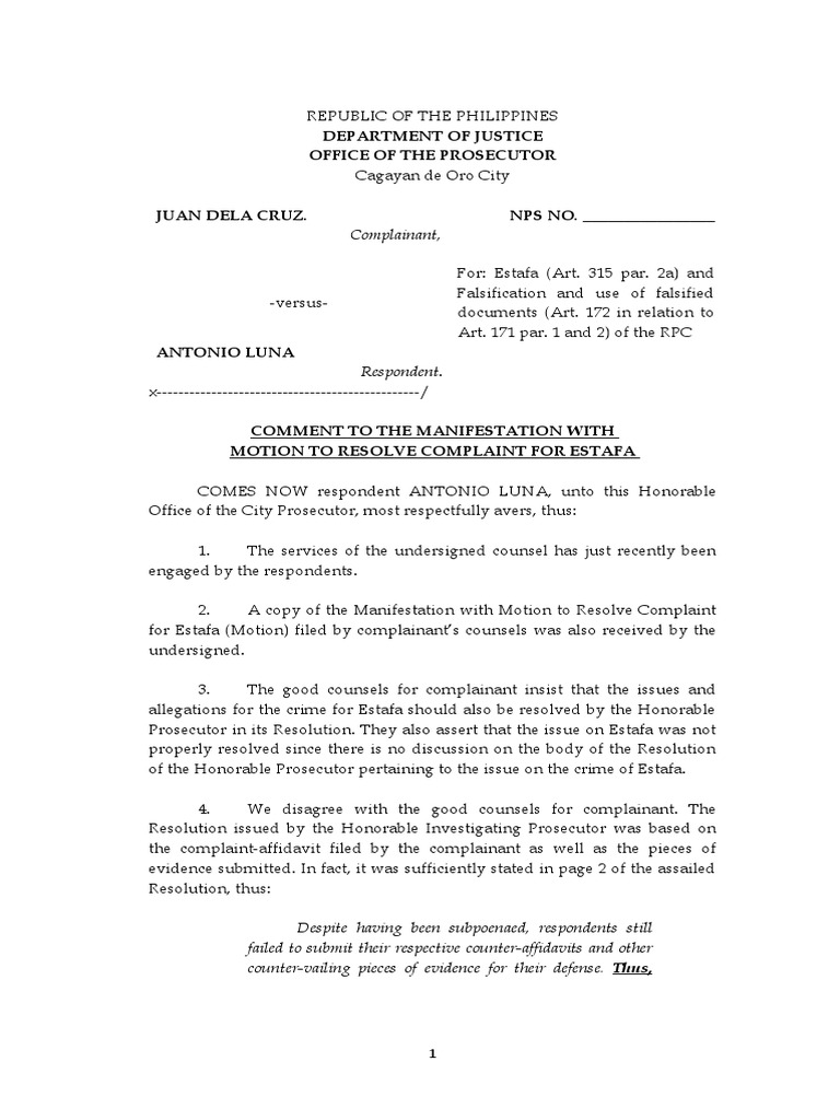 Comment To Motion Edited | PDF | Probable Cause | Prosecutor