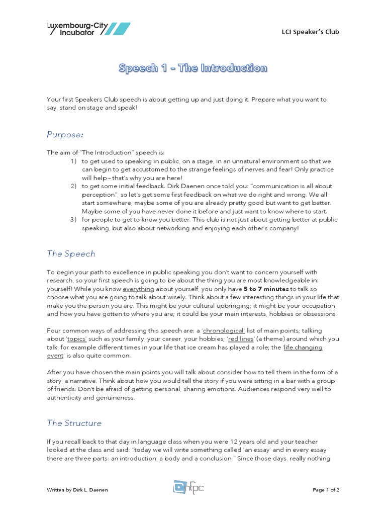 Speech 1 - The Introduction | PDF | Public Speaking | Essays