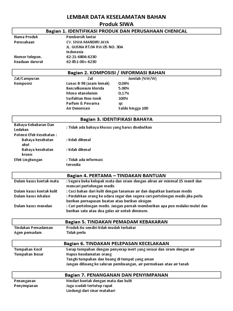 MATERIAL SAFETY DATA SHEET Floor Ceaner | PDF