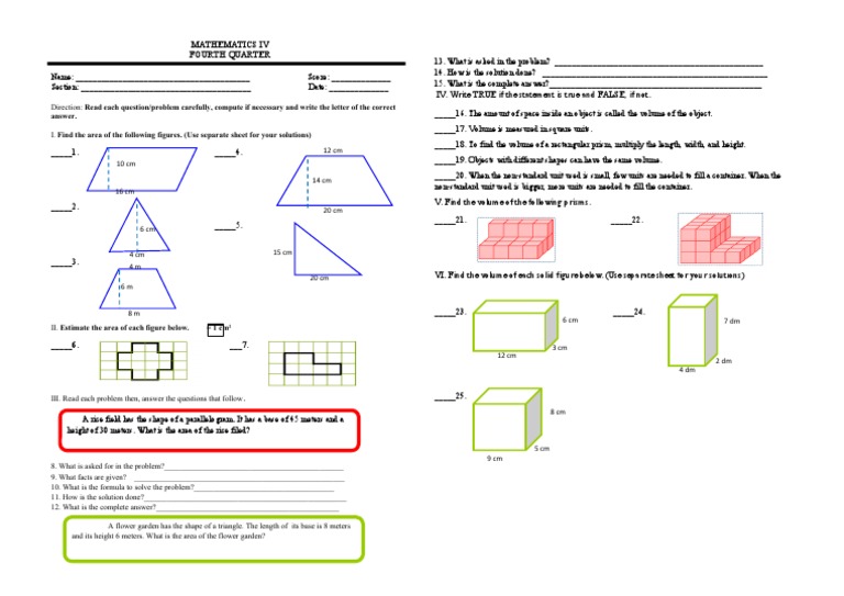 Geometry Summative Test IV | PDF | Area | Volume