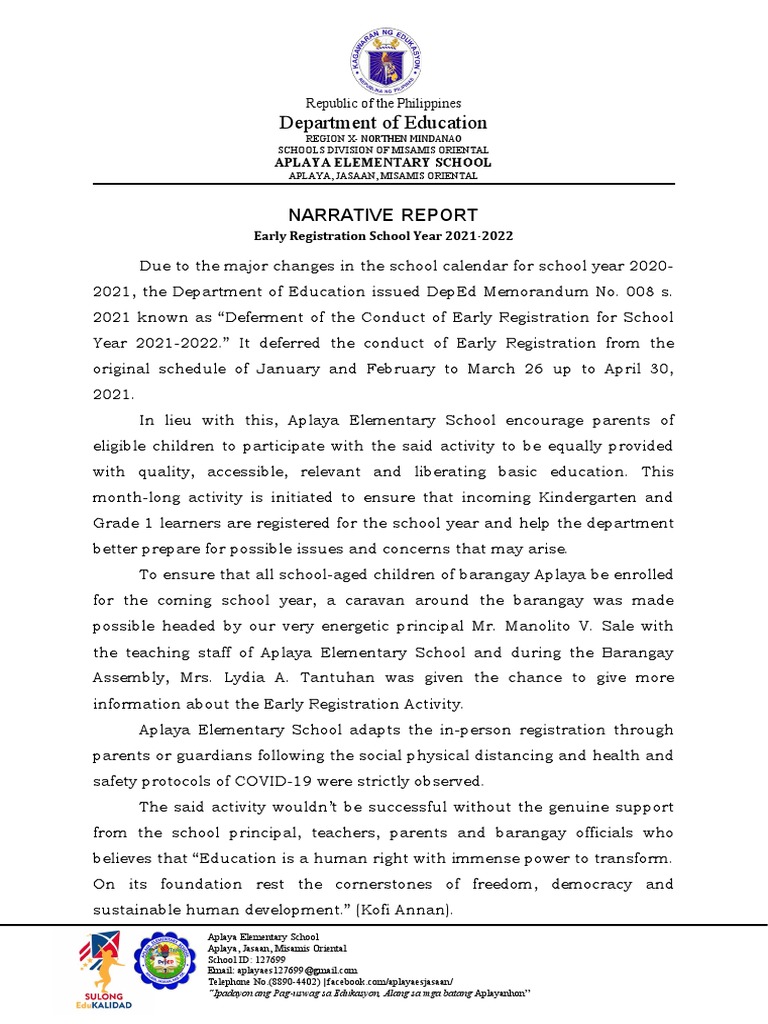 Early Registration Narrative 2021-2022 | PDF | Social Science | Self ...