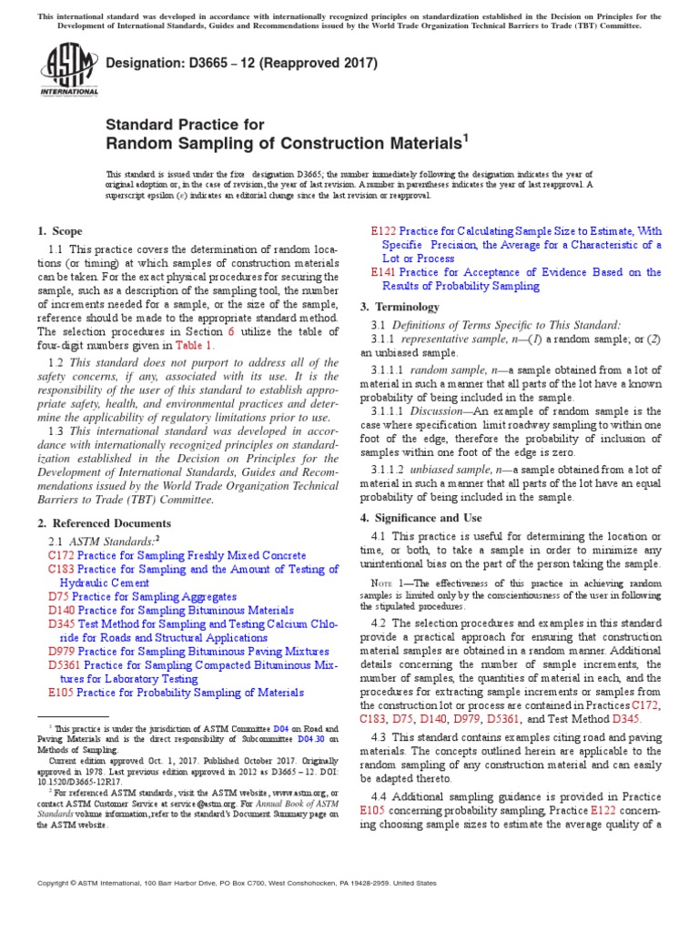 ASTM D 3665-12-17 | PDF | Sampling (Statistics) | Concrete