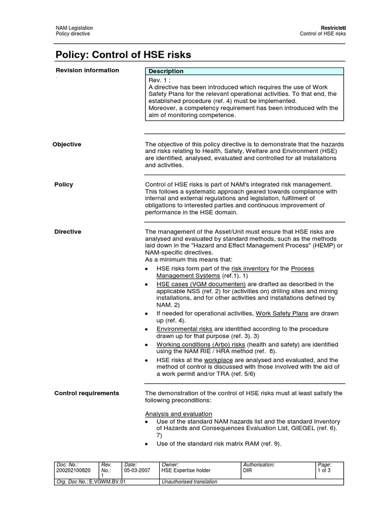 Policy Directive Controls. | PDF | Risk | Occupational Safety And Health