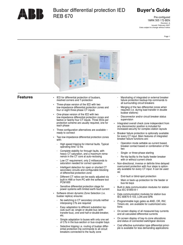 1mrk505172-Ben a en Busbar Differential Protection Ied Reb670 Pre ...