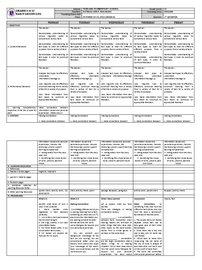 DLL - English 6 - Q1 - W8 | PDF | Information | Learning DLL - English 6 - Q1 - W8 | PDF | Information | Learning
