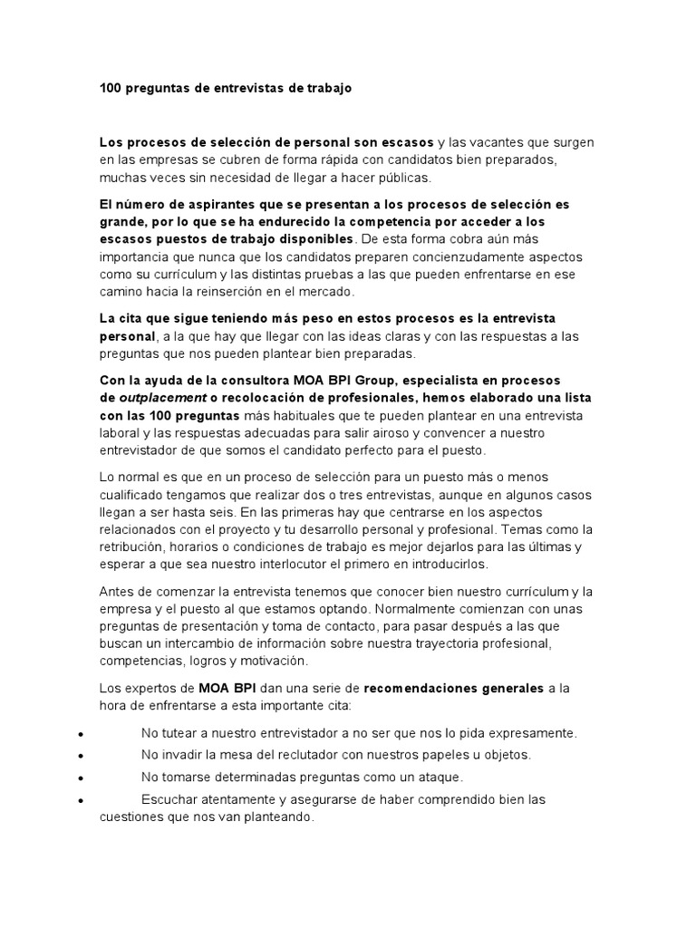 100 Preguntas de Entrevistas de Trabajo | PDF | Entrevista de trabajo ...