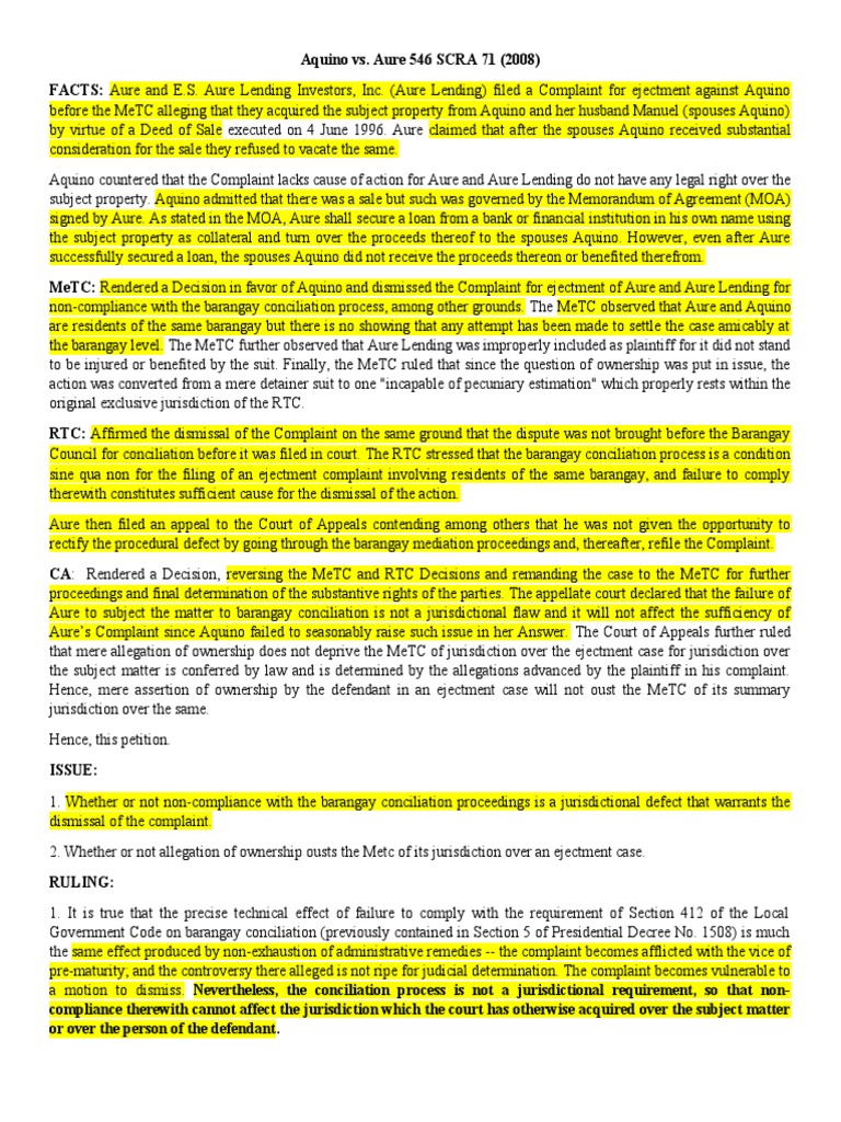 Barangay Conciliation in Ejectment Cases | PDF | Complaint | Lawsuit