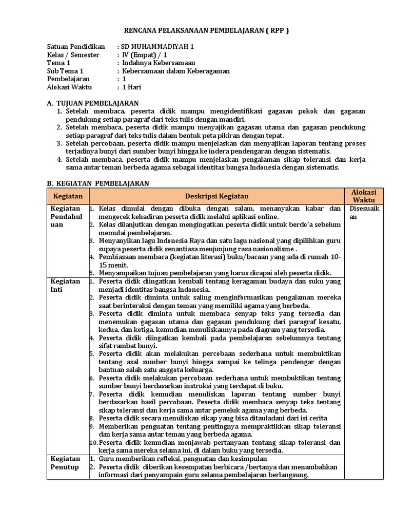 RPP Daring Kelas 4 Tema 1 ST 2 | PDF