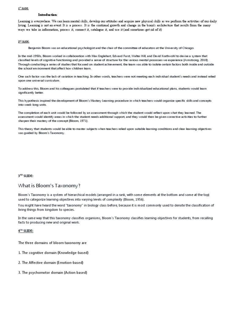 Notes To Blooms Taxonomy | PDF | Psychology | Cognitive Psychology