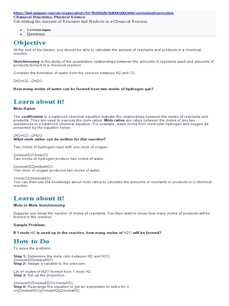 Calculating The Amount of Reactants and Products in A Chemical Reaction | PDF | Stoichiometry ...