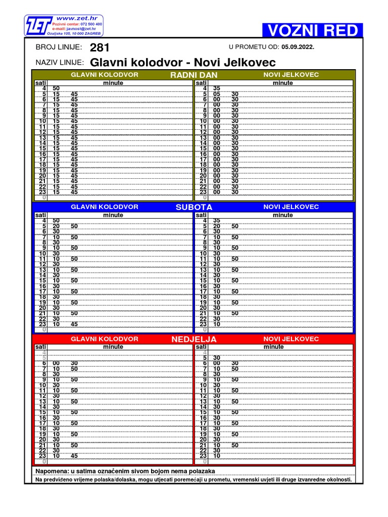 Vozni Red: Glavni Kolodvor - Novi Jelkovec 281 | PDF