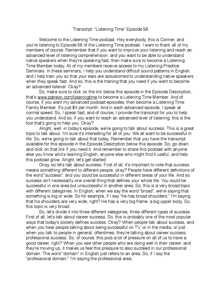 Episode 58 Transcript - Listening Time | PDF | Goal | Employee Benefits