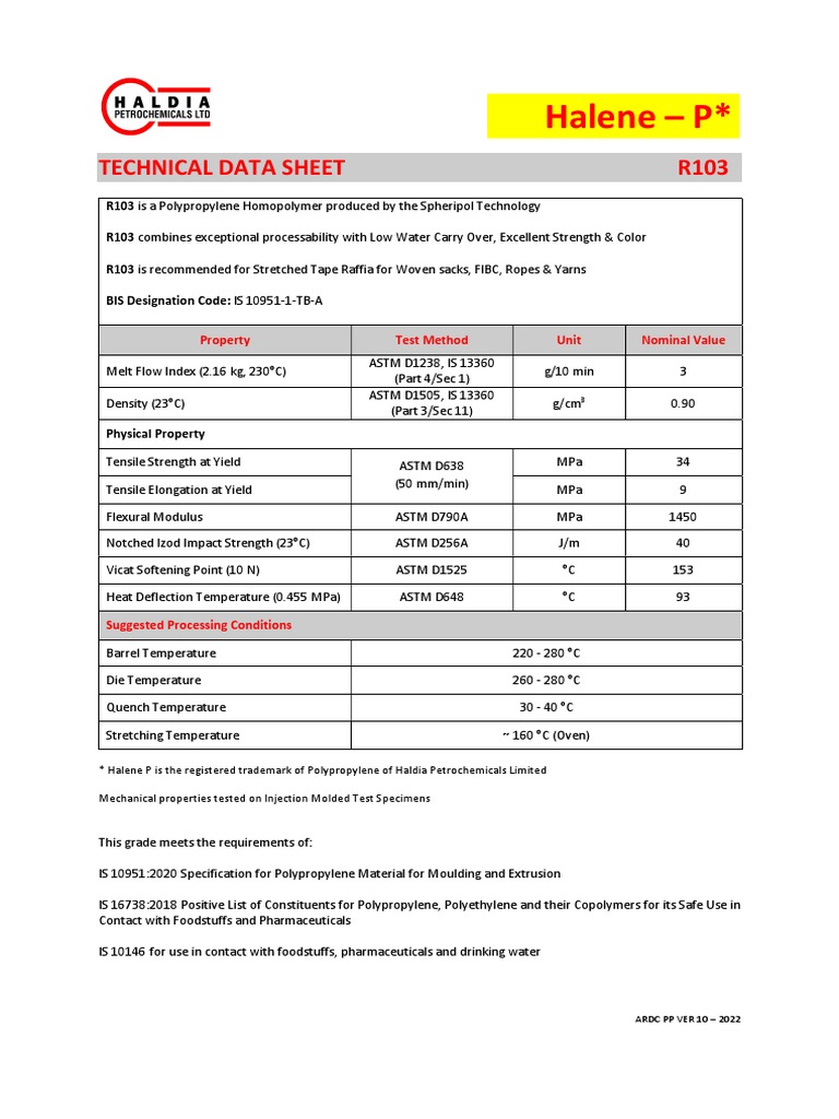 R103 Polypropylene Technical Data Sheet | PDF | Building Engineering ...