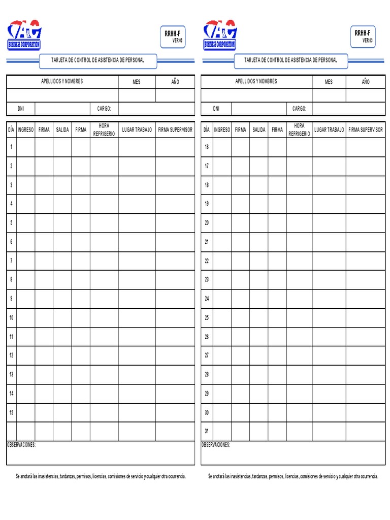 Tarjeta de Control de Asistencia de Personal | PDF