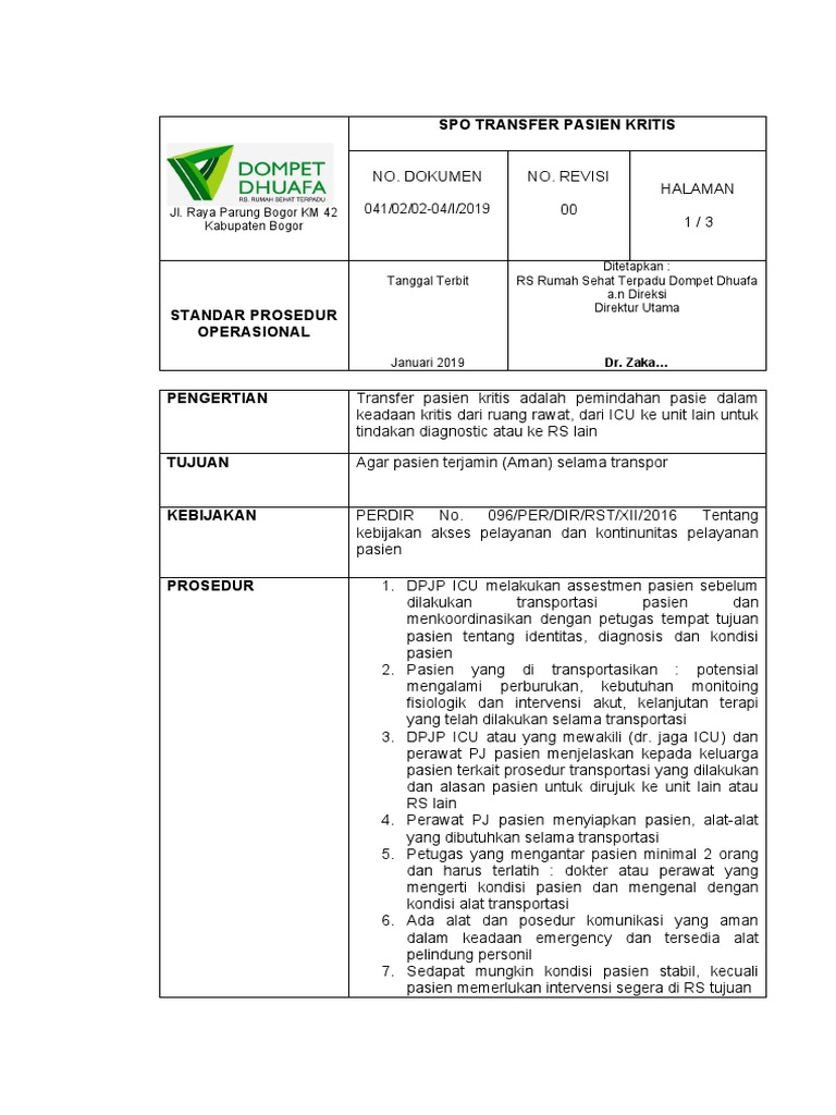 SPO Transfer Pasien Kritis | PDF