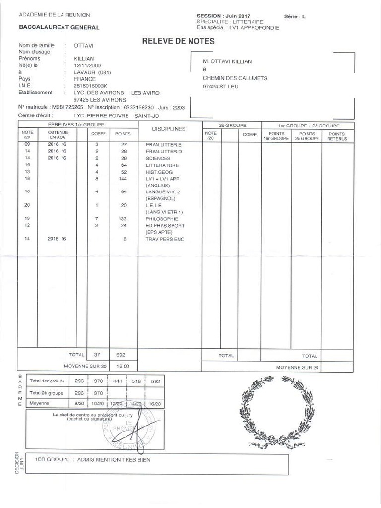 Releve de Note BAC Session Juin 2017 | PDF