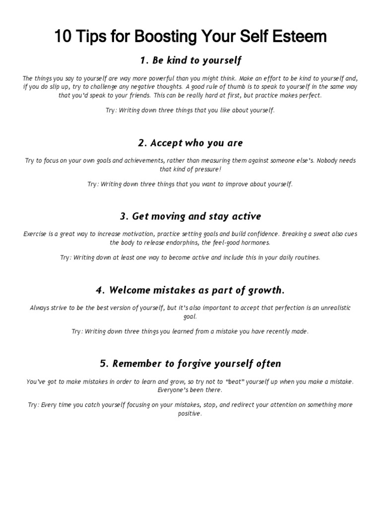 10 Tips For Boosting Your Self Esteem: 1. Be Kind To Yourself | PDF ...