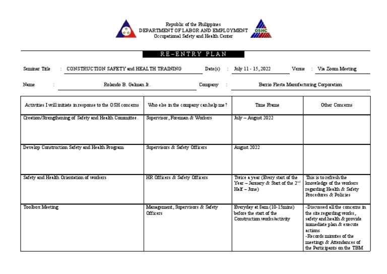 Re Entry Plan Construction Pdf Occupational Safety And Health