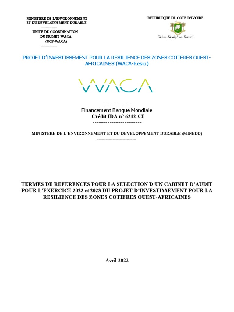 TDRs - AUDIT EXTERNE 2022 - 2023 PROJET WACA | PDF | Audit | Audit financier