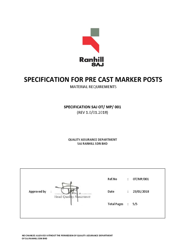 SAJ Specification for Precast Marker Posts | PDF | Concrete | Cement