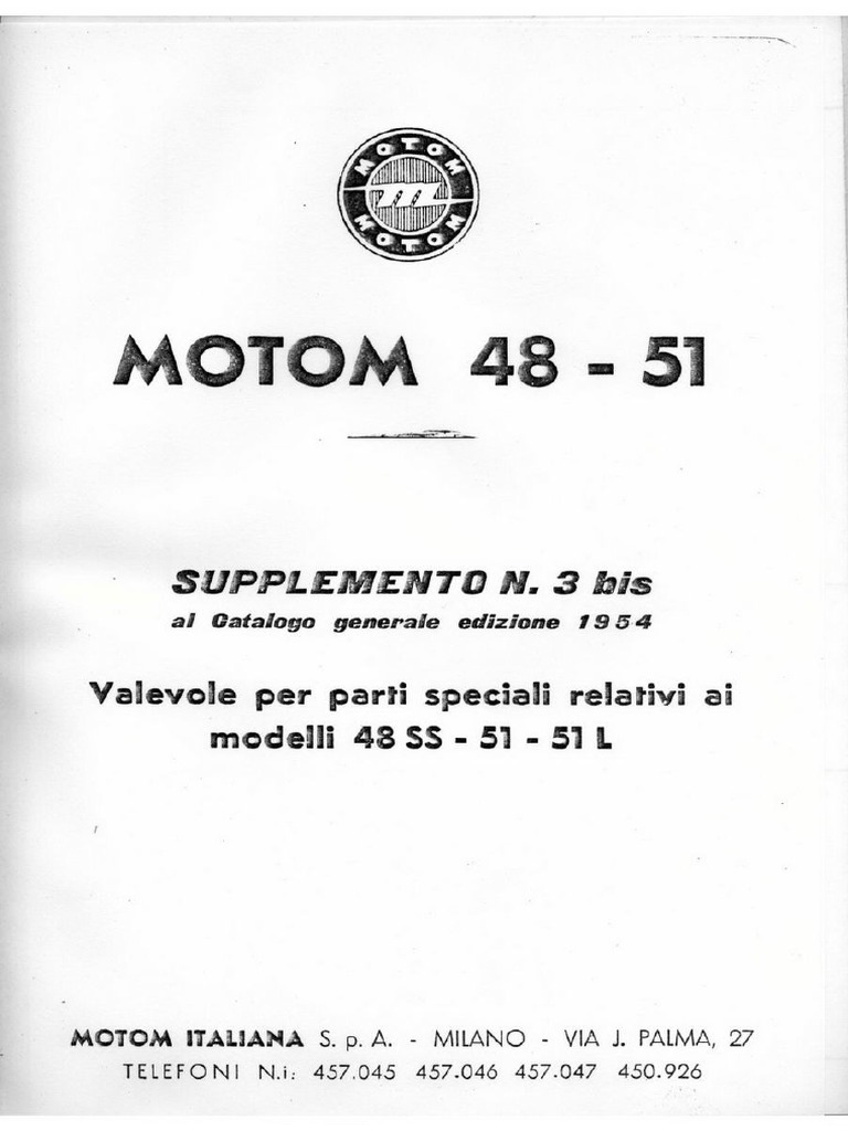 Motom 48 1954 - Catalogo Ricambi - Supplemento n.3 Bis | PDF