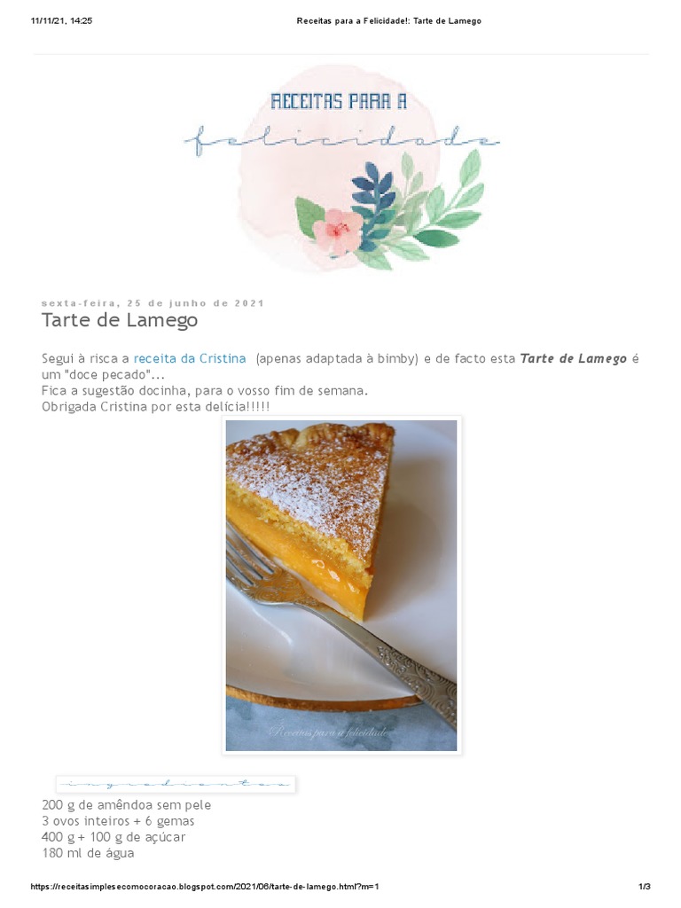 Receitas para A Felicidade! - Tarte de Lamego | PDF | Alimentos