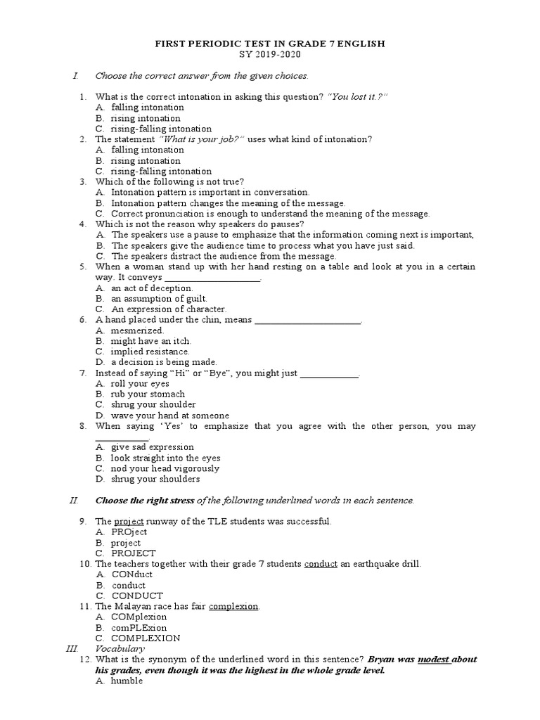 Grade 7 English Periodic Test 2019-2020 | PDF | Question | Deities