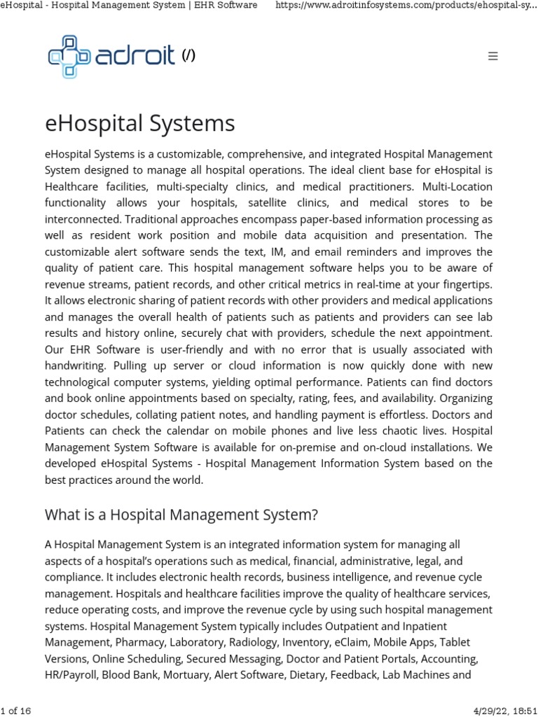 Ehospital Hospital Management System Ehr Software Pdf