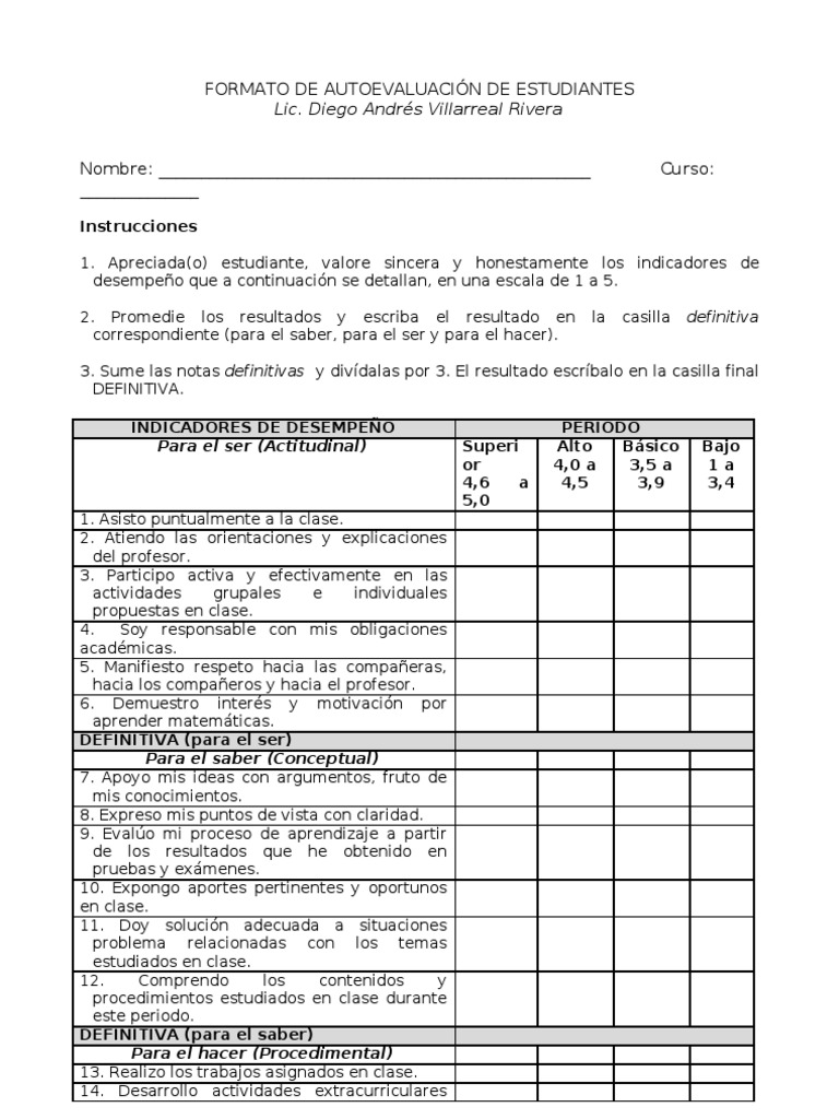 Formato de Autoevaluación Estudiantil | PDF | Cognición | Aprendizaje