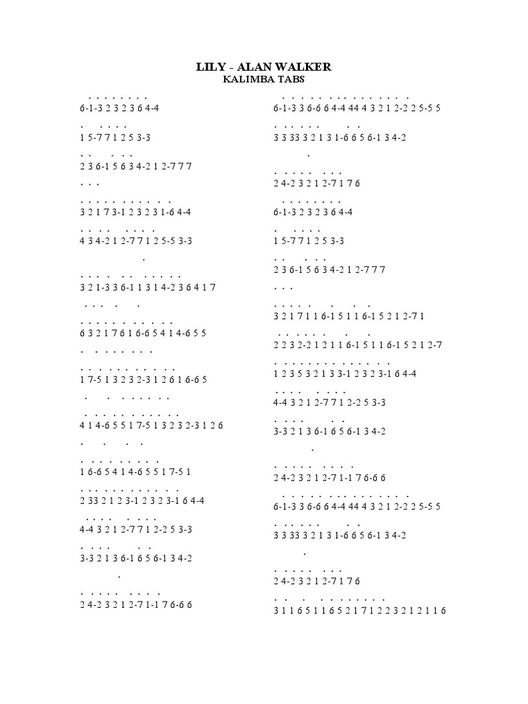 Lily - Alan Walker Kalimba Tabs | PDF
