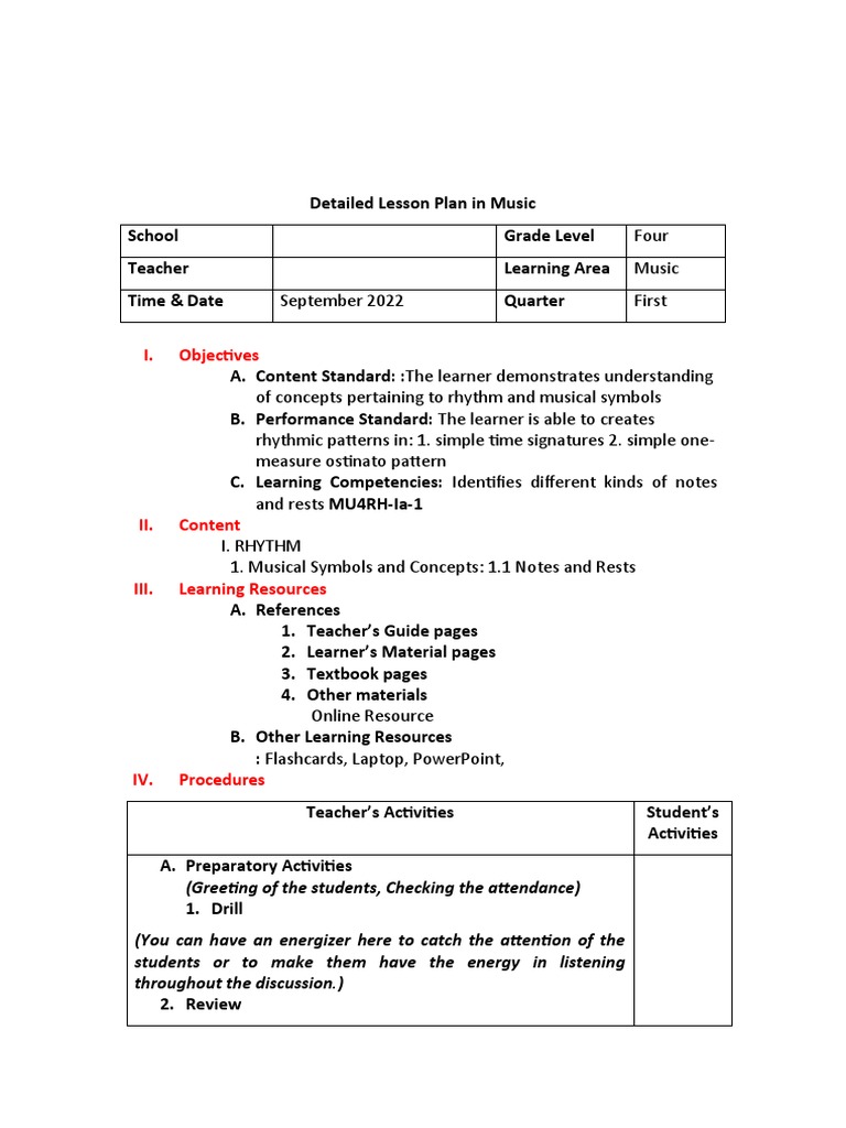 Detailed Lesson Plan in Music | PDF | Learning | Lesson Plan