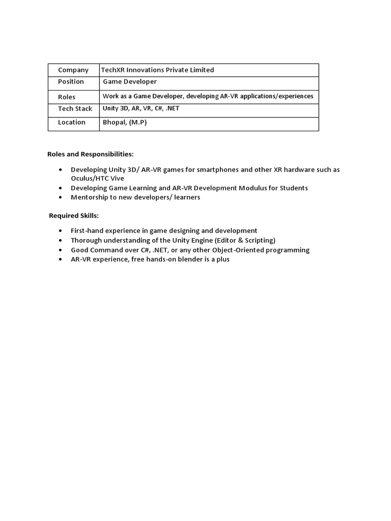 Game Developer - JD | PDF | Games & Activities | Technology & Engineering