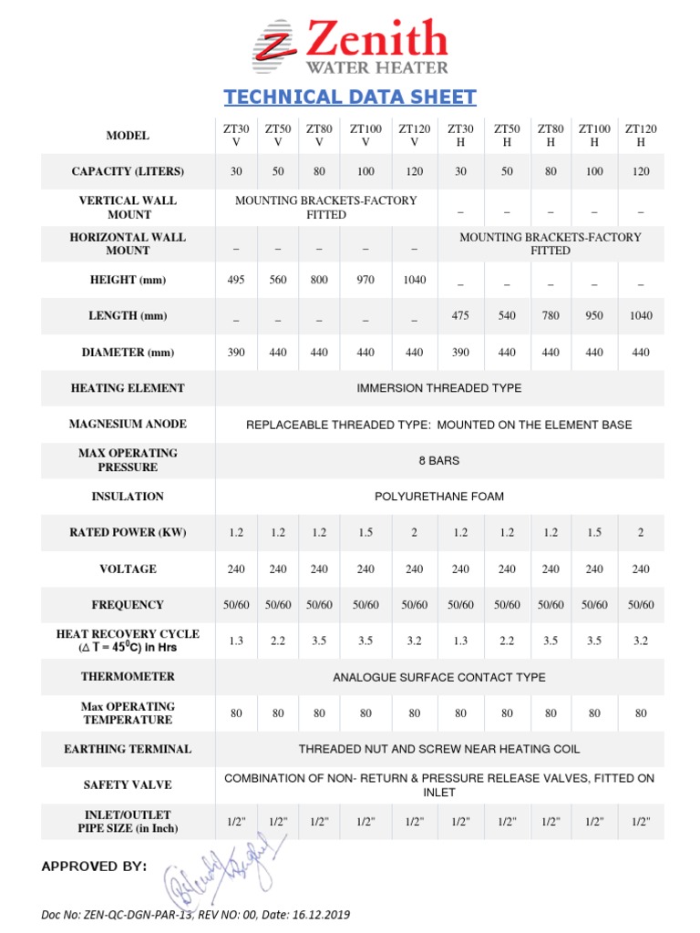 Zenith Technical Data Sheet - 30 To 120 Liters - Signed | PDF | Valve | Manufactured Goods