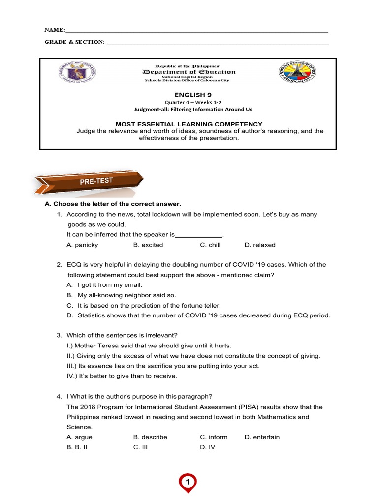 Eng-9-Q4-Module 1 | PDF | Question | Verb